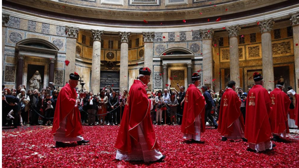 A shower of rose petals fall through the dome of the Pantheon in ...