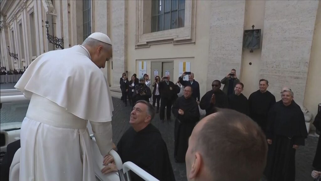Pope Leo XIV greets Father Joseph Farrell during the General Audience ...